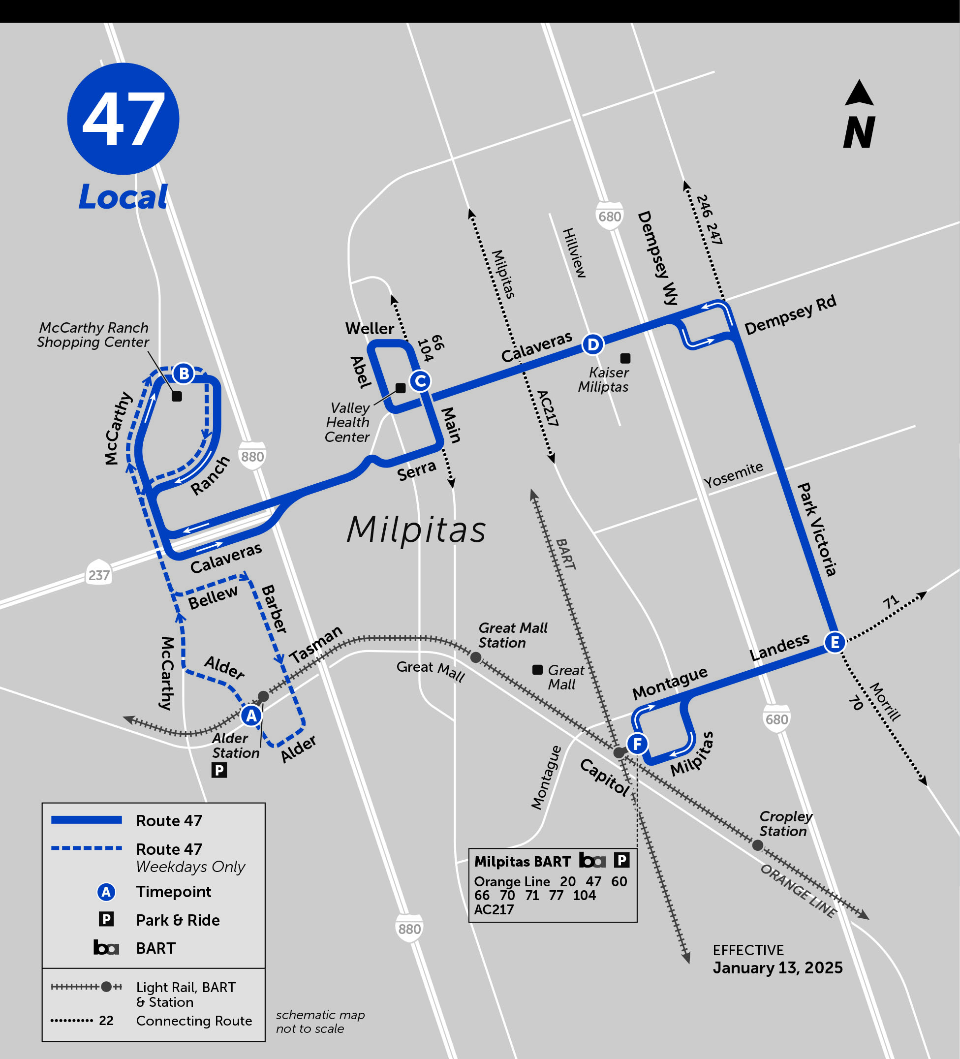 Milpitas BART - Alder Stn via McCarthy Ranch | VTA